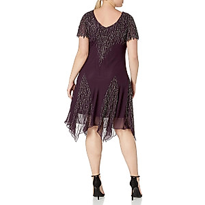 J Kara Women's Plus Size Short Beaded Godet Dress, Wine/Mercury, 20W