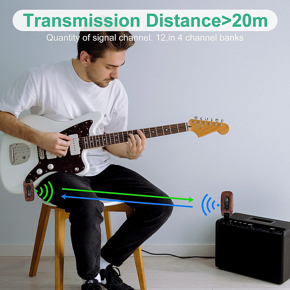 AKLOT Wireless Guitar System Transmitter Receiver Set 2.4GHz Built-in Rechargeable Lithium Battery Digital for Electric Guitar Bass