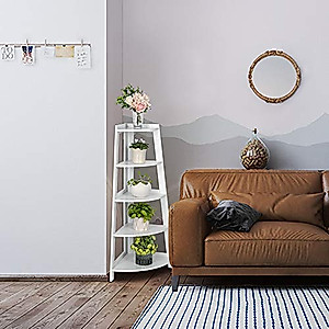 5 Tier Rustic Corner Shelf Stand, Industrial Small Bookcase Corner Ladder Shelf Plant Stand for Living Room, Kitchen, Home Office (White)