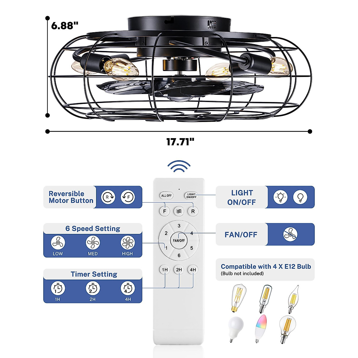 Glitnous 18'' Small Caged Flush Mount Ceiling Fans with Lights and Remote, Black Low Profile Rustic Farmhouse Modern Lighting & Ceiling Fan, Bladeless 6 Speed Timing for Bedroom Kitchen Dining Room