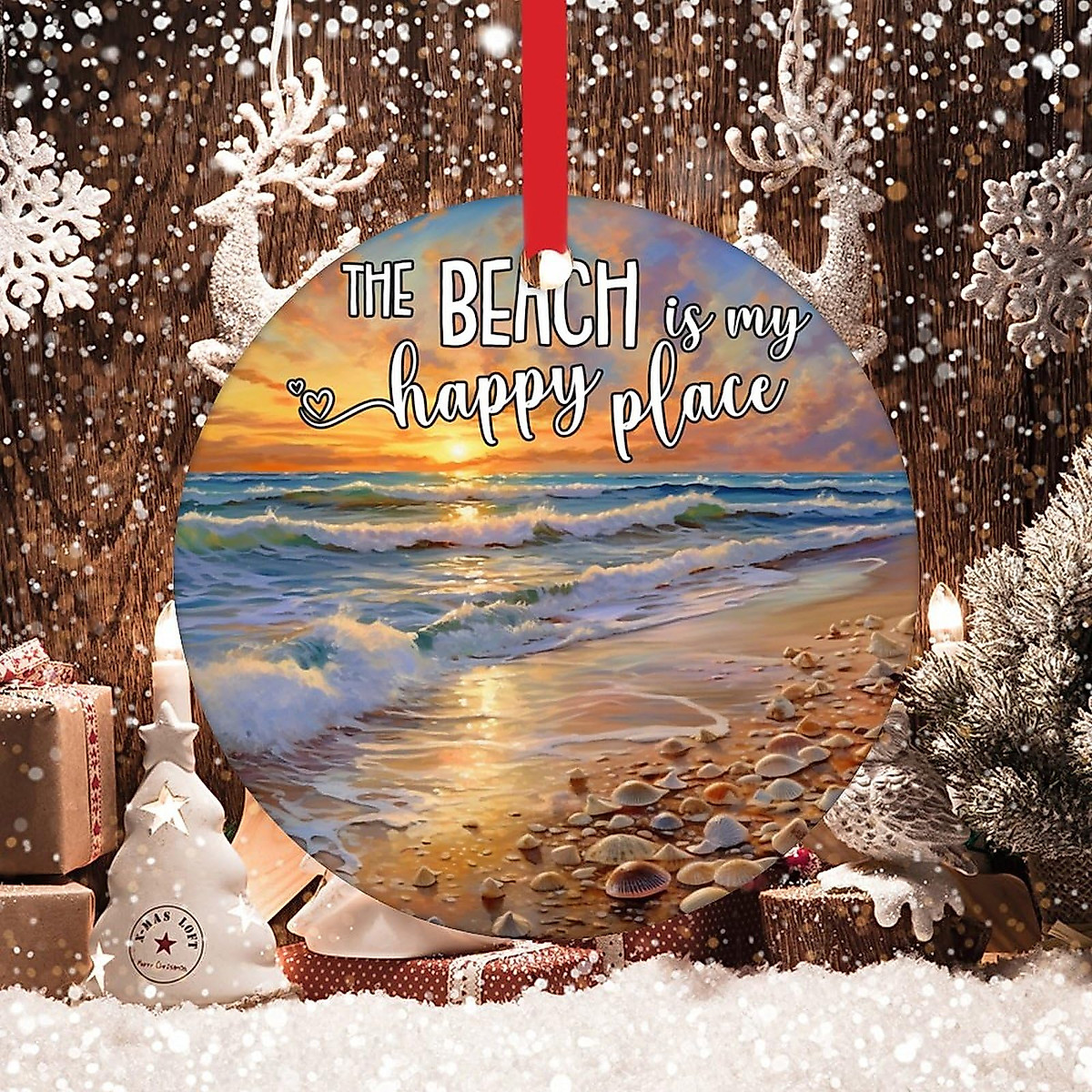 Swavecat Christmas Ornament - Sunset Beach Waves Coastal Ceramic Xmas Tree Keepsake The Beach is My Happy Christmas Ornaments Ocean Theme Beach Winter Seasonal Gift Holiday Decor