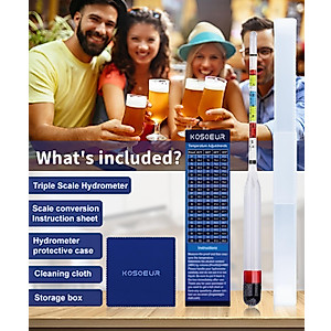Kosoeur Triple Scale Hydrometer, Alcohol Hydrometer for Wine, Mead, Kombucha & Beer, Mead Making Kit, (ABV Tester, Brix, Specific Gravity Hydrometer), Hydrometer Alcohol Kit for Wine Brewing Supplies