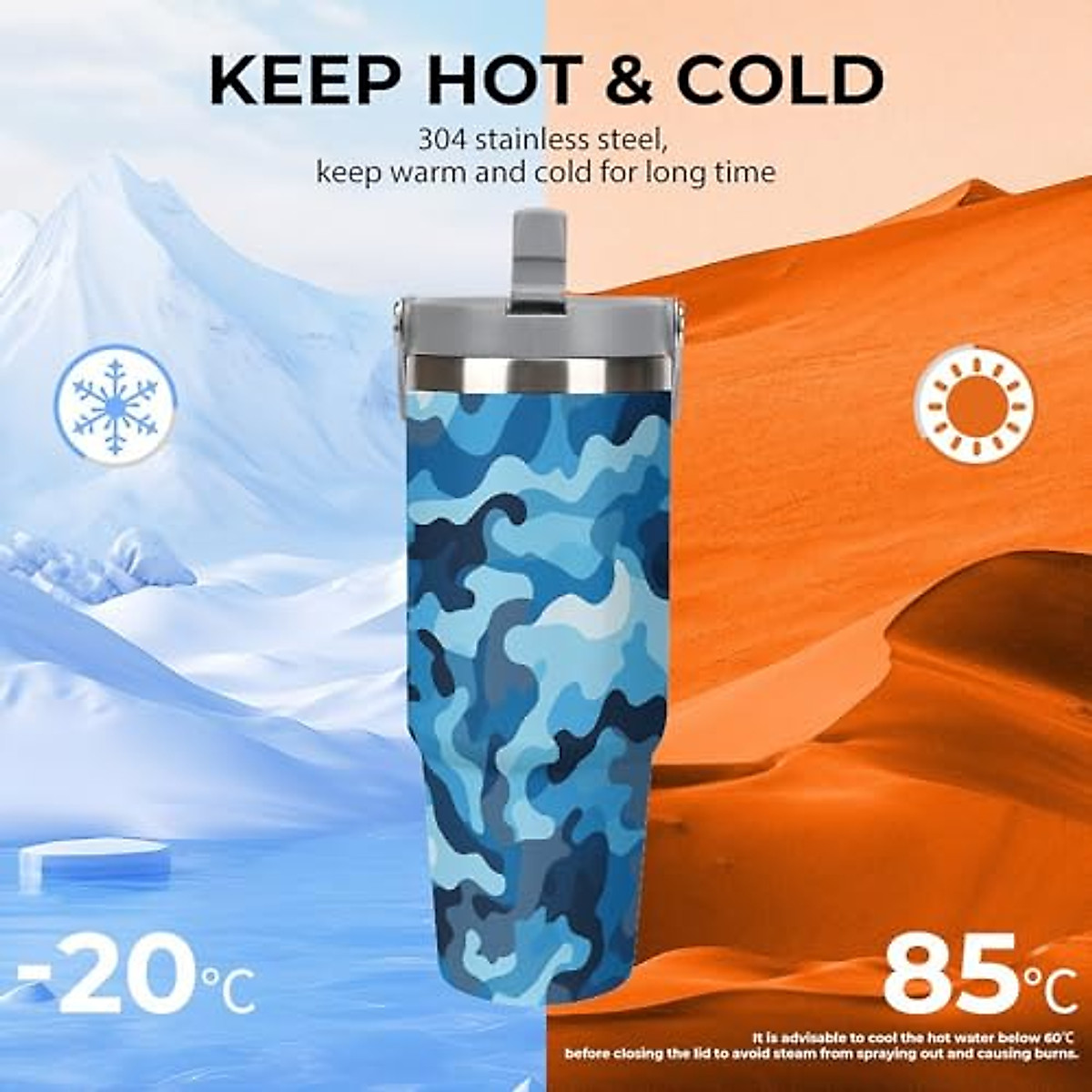 WITHSBKK 30oz Car Cup Blue Camouflage Pattern Printed with Portable, Stainless Steel Travel Mug, Vacuum Insulated Tumbler And Straw, Leakproof for Car & Outdoor, UV Printed Design