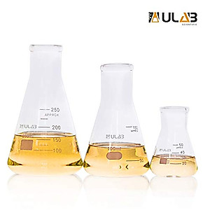 ULAB Scientific Narrow-Mouth Glass Erlenmeyer Flask Set, 3 Sizes 50ml 150ml 250ml, 3.3 Boro with Printed Graduation, UEF1001
