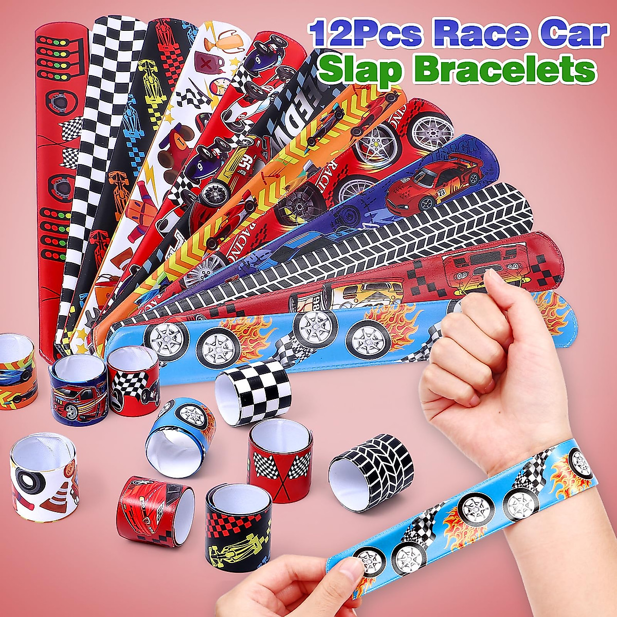 KELENO 98 Race Car Party Favors Race Car Birthday Party Supplies Straw Bubble Slap Band Sticker Racing Toy Gift Boy Kid Filler Goodie Bag Stuffer Racecar Themed Decorations