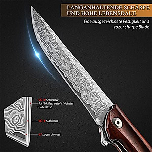 Omesio Damascus Folding Pocket Knife with Leather Sheath, Handcrafted 5-Inch Damascus Steel Hunting Knife with Vg10 Core, Wooden Handle, EDC Japanese Knife with Liner Lock for Outdoor Survival Camping