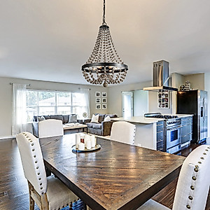 LALUZ Farmhouse Chandelier, Boho Light Fixture for Dining Room, Bedroom, Handmade Wood Beads, 6-Light, 28.3" H x 20.1" W