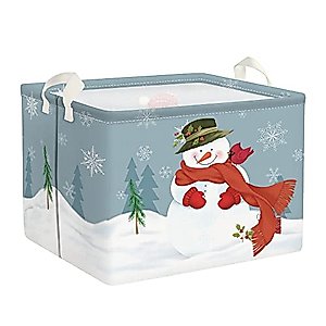 Clastyle Christmas Snowman Storage Bin Christmas Gift Wrap Ornament Storage Basket Blue Collapsible Christmas Snowflake Shelf Basket Rectangular Nursery Gift Basket for Toys,15.7 x11.8 x11.8 in