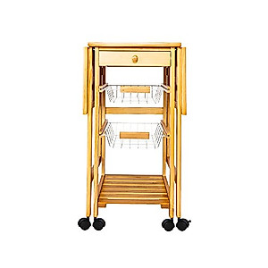 Kepooman Kitchen Dining Cart Wood Portable Folding Rolling Drop Leaf Kitchen Island Storage Trolley Cart Shelves w/Drawers,Rack,Fruit Baskets,Brown