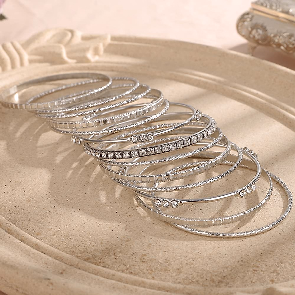 Rumtock 13pcs Boho Silver Bracelet Set for Women Girls Crystal Beads Stackable Bangle Hand Chain Punk Jewelry for Party