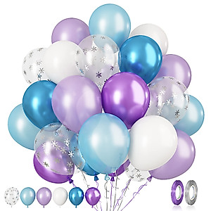 Paready Frozen Balloons, 60 Pcs 12 Inch Purple Blue Balloons White and Snow Confetti Latex Balloons for Girls Frozen Theme Party Supplies Ice Snow Theme Birthday Baby Shower Winter Party Decorations