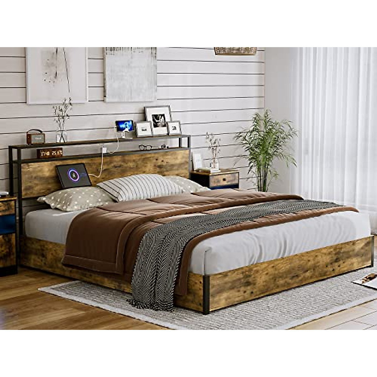 IKIFLY California King Size Lift Up Storage Bed - Metal Cal King Platform Bed Frame with 2-Tier Storage Shelf Headboard & Charging Station, Solid Wood Slats, No Box Spring Needed - Rustic Brown