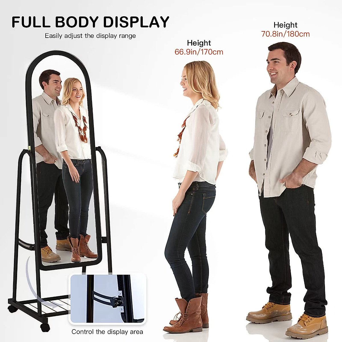 Jexdar Full-Length Mirror with Bracket, 66"x17"Adjustable Stand Up Mirror on Wheels with Underneath Storage, Floor-Standing Make Up Vanity Mirror Dressing Mirror for Bedroom Bathroom Porch