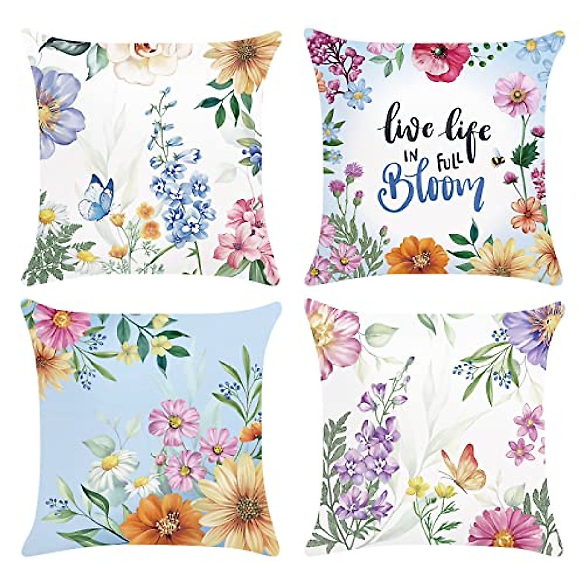 Bonhause Garden Spring Pillow Covers 18x18 Inch Set of 4 Live Life in Full Bloom Pillows Case Soft Velvet for Couch Sofa Patio Garden Decor