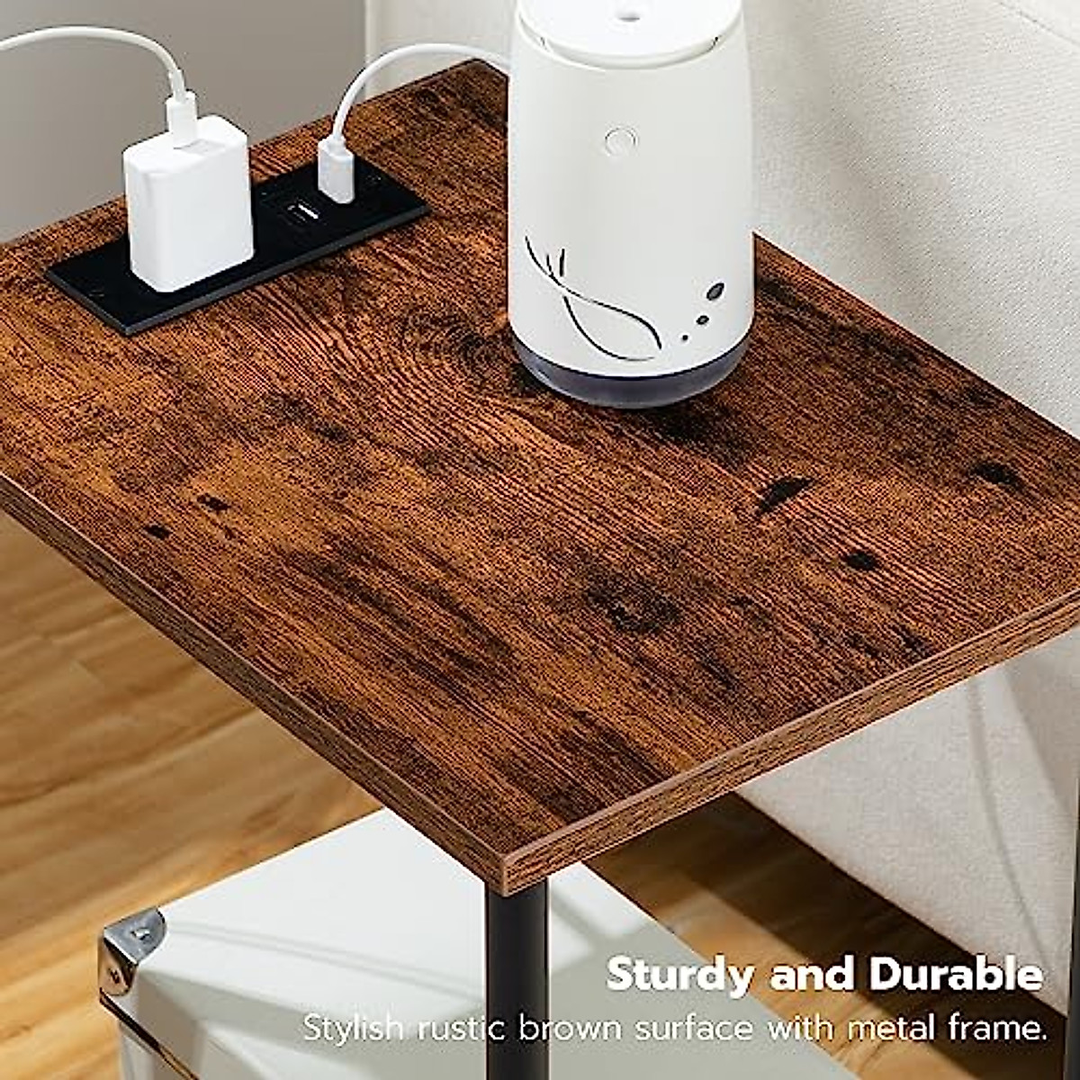 HOOBRO Side Table with Charging Station, End Table with USB Ports and Outlet, Nightstand with 2-Layer Storage Shelves for Small Spaces, Living Room, Bedroom, Stable Frame, Rustic Brown BF09UBZ01