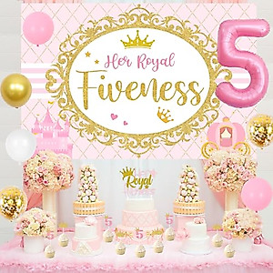 Sursurprise 5th Birthday Decorations for Girl Her Royal Fiveness Birthday Backdrop Cake Topper Sash Balloons for Princess 5 Years Old Birthday Party Supplies