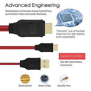 Kkf USB Type C to 4K HDMI Cable Adapter 6FT | High Speed HDMI Cables, 4K @ 30Hz, Ultra HD, Mobile Phone to TV Mirror Cable | for Laptop, Monitor, Fire TV (Type A Port only for Charging) (red)