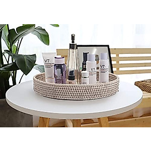 13.8 inch Round Rattan Tray, Decorative Coffee Table Tray, Ottoman Tray, Woven Serving Tray with Handles, Wicker Serving Basket, Whitewash