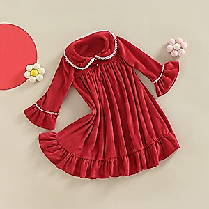 Qiylii Kids Baby Girls Xmas Velvet Nightdress Baby Gown Ruffle Long Sleeve Nightgown Dress Sleepwear Loungewear (Red Velvet 18-24 Months)