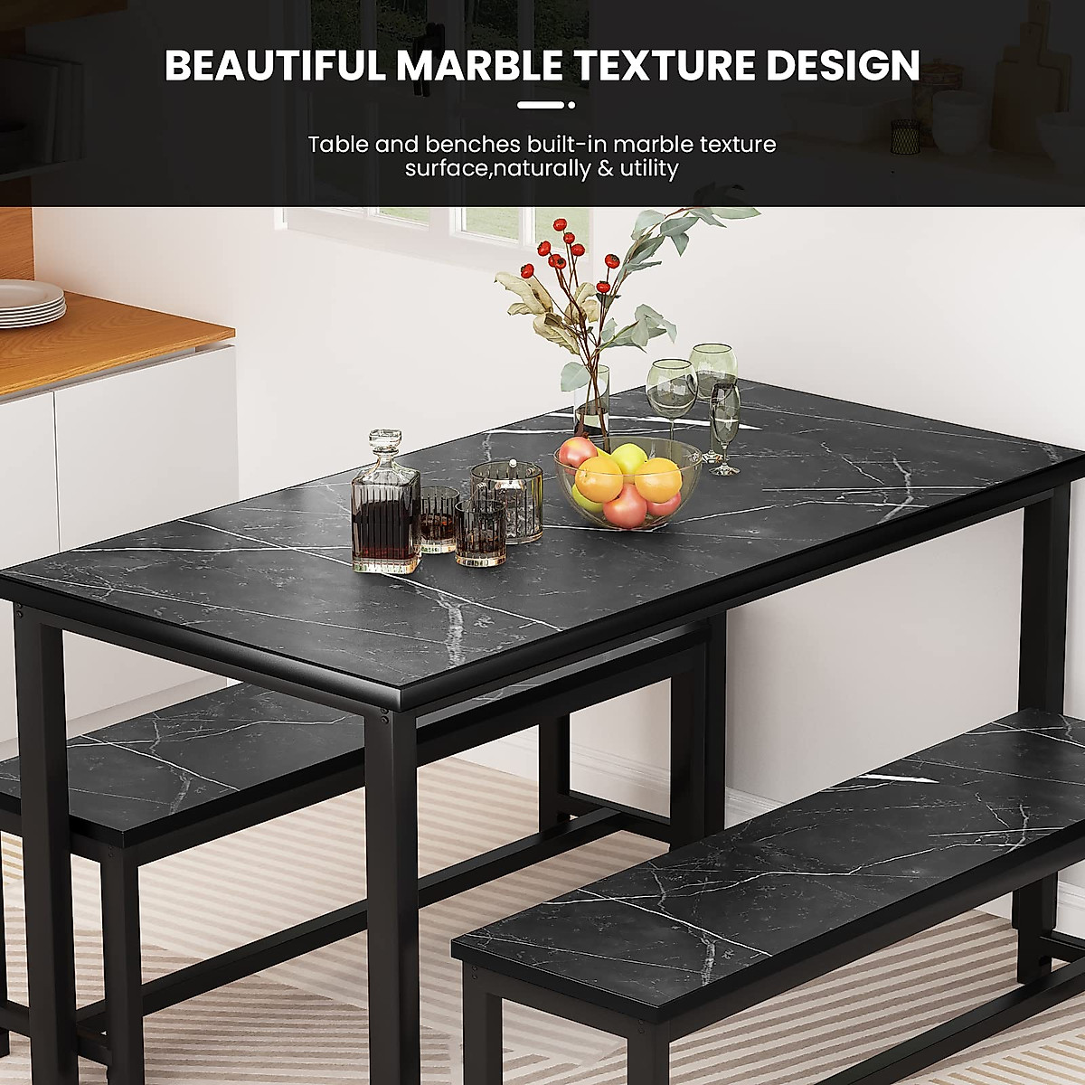 AWQM Modern Black Dining Table Set with Benches, 47.2" L x 28.74" W x 28.74" H, Ideal for Small Spaces