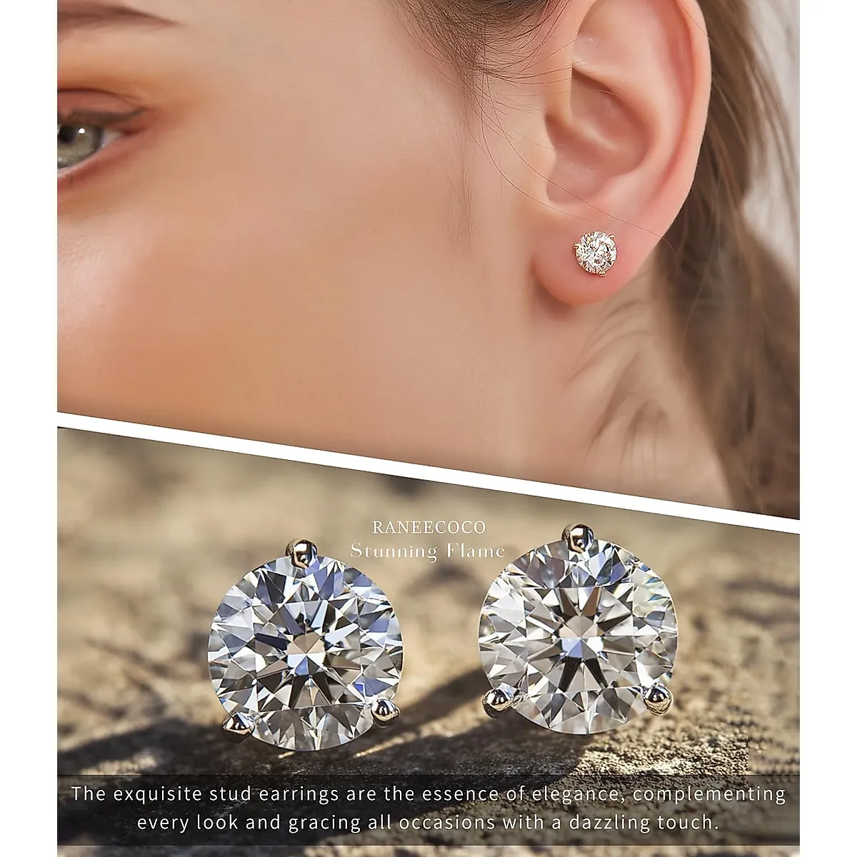 "STUNNING FLAME" 18K Gold Plated Silver Brilliant Cut Simulated Diamond Cubic Zirconia Stud Earrings(white-gold-plated-silver, 0.9)