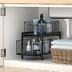 2 Tier Under Sink Organzier, NPPLUS Iron Under Sink Cabinet Organizers With Sliding Drawer, Pull-Out Home Organizer For Bathroom, Kitchen - Black