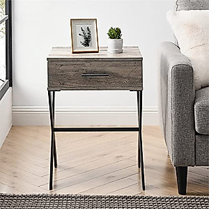 Walker Edison Metal Wood Small Side End Beside Table 1 Drawer X Leg Living Room Accent Table, 18 Inch, Grey Wash