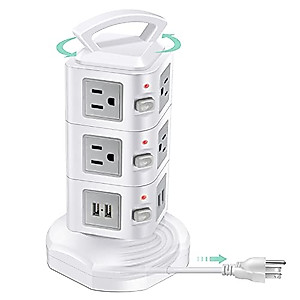 Power Strip Tower Surge Protector, Retractable Extension Cord with Multiple Outlets, 10 AC Outlets with 4 USB Ports Charging Tower, Multi Plug Outlet Extender Desktop Charging Station for Home Office
