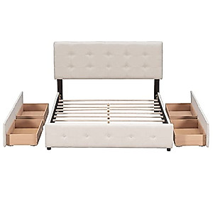 Harper & Bright Designs Queen Size Upholstered Platform Bed with Storage, Queen Bed Frame with 4 Drawers and Tufted Headboard for Teens Adults, No Box Spring Needed, Beige
