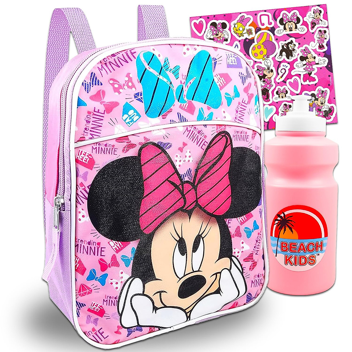 Disney Minnie Mouse Mini Backpack For Girls, Kids ~ 3 Pc Bundle With 12" Minnie School Bag, Water Pouch, Stickers, and More (Minnie Mouse School Supplies Set)