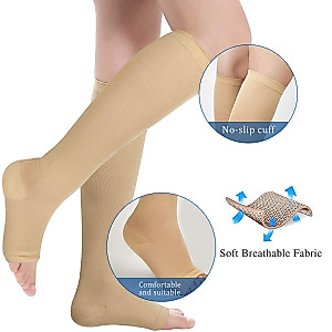 3 Pairs Open Toe Compression Socks Women Knee High Toeless 15-25 mmHg