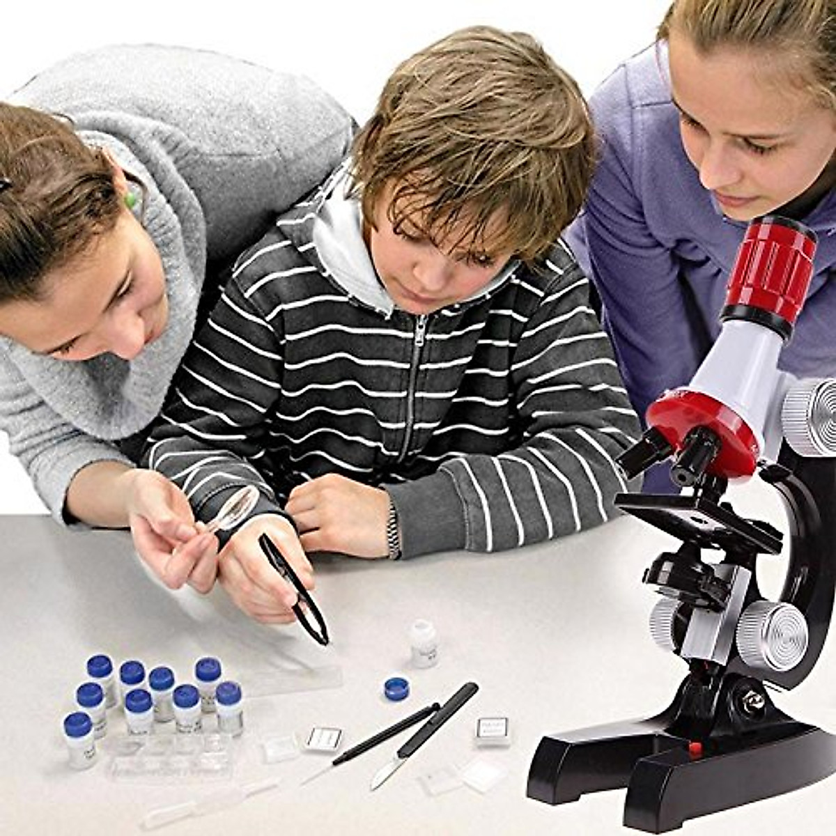 Jiusion Kid Microscope Science Kits, 100X 400X 1200X Trinocular Magnification Beginner Toy Home School Educational Biological Hand Held Camera Compound Scope with slides for Kids Children