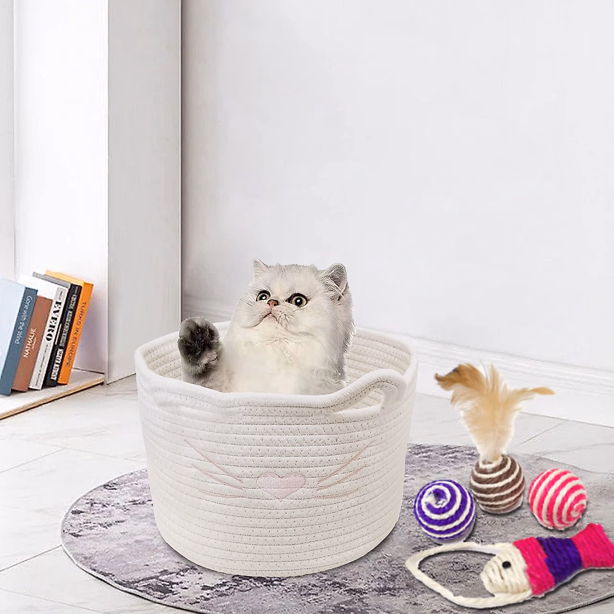 LUSE LIVE Small Woven Basket,Rope Storage Basket with Handle,Cute Cotton Basket for Nursery,Cat Dog Toy Storage Organizer Basket,Storage Bins for Toy Organizer