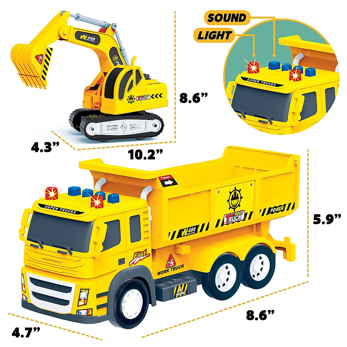 MOBIUS Toys 4-in-1 Construction Vehicle Bundle - 1:12 Scale Dump Truck, Flatbed and 2 Excavators with Lights and Sounds, Push and Go Realistic Big Truck Toy, Construction Vehicle Excavator Toy