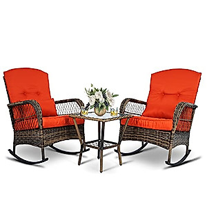 SENSWEET Wicker Rocking Chairs Set of 2, Rattan Patio Rocking Chairs, All-Weather Rocking Lawn Wicker Furniture for Porch Deck Garden Backyard(Red)