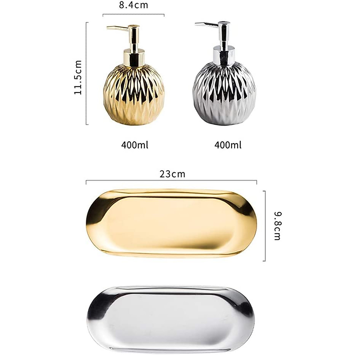 Pump Bottle,Soap Dispenser,Bathroom Hand Sanitizer Bottle, Shampoo and Shower Gel Separate Bottles, Suitable for Bathroom Hotel Clubs, with Tray, Gold, Silver, 400ml (Color : 2*