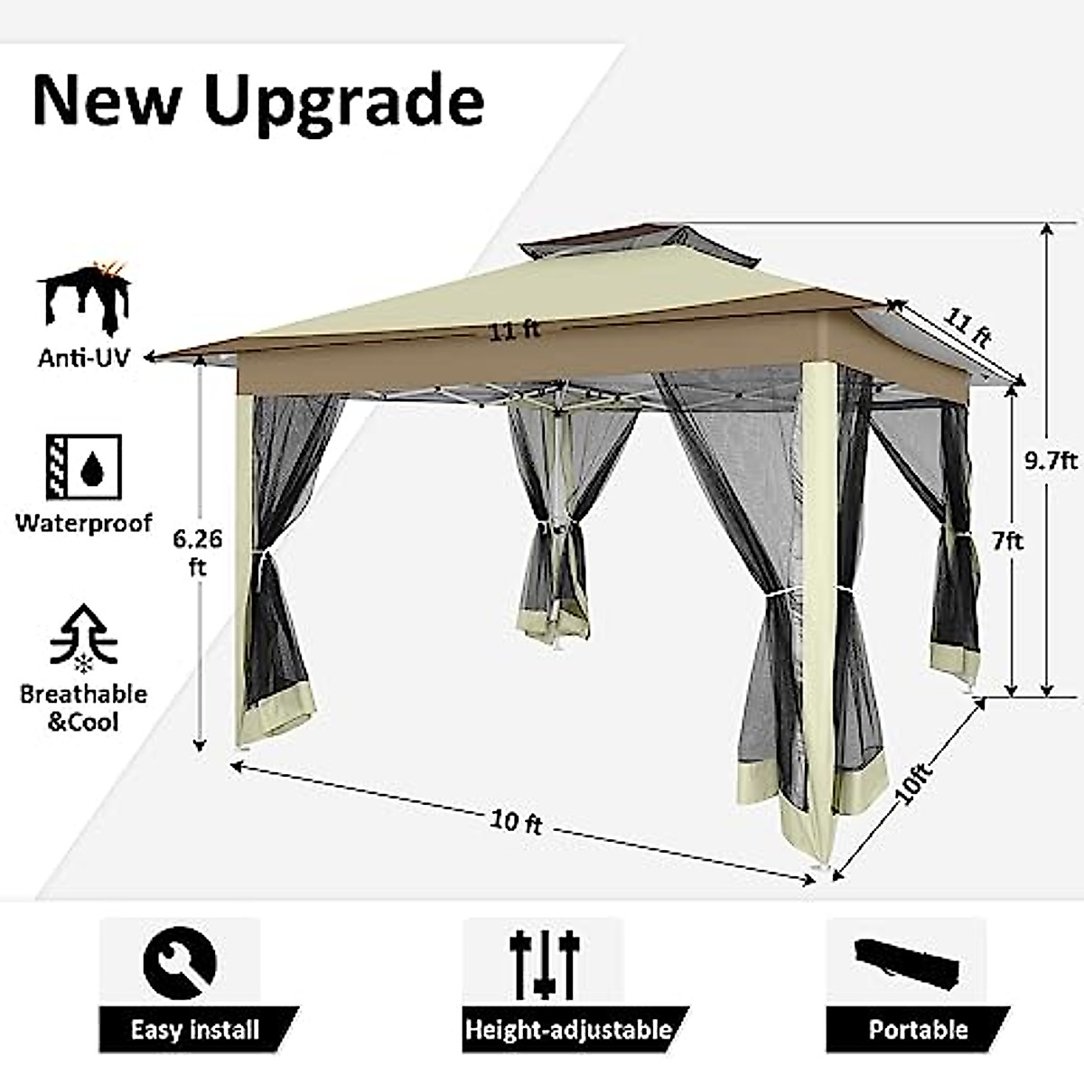 HOTEEL Gazebos 12x12 Gazebo with Mosquito Netting Pop Up Gazebo Base 10x10 Patio Gazebo Canopy with Mosquito Net Screened Gazebo with Vented Top,Storage Bag and 4 Weights for Backyard(Khaki)