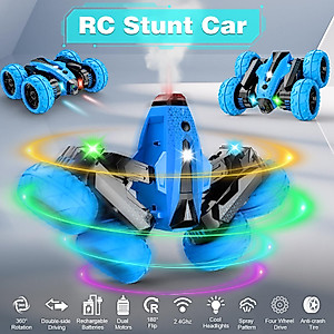 SUPIREO RC Cars, 2.4GHz Fast Stunt RC Car, 4WD Double Sided 360° Rotating RC Trucks with Headlights, High Speed Off Road Stunt Truck, Cool Spray Patterns, Remote Control Cars Toy for Boys Girls