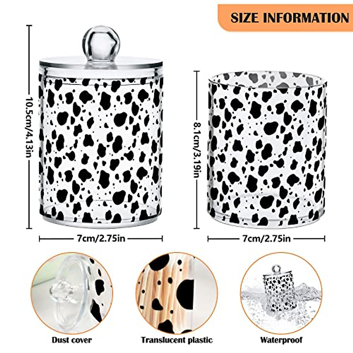xigua 4 Pack Cow Print Qtip Holder Dispenser with Lids 14 oz Bathroom Storage Organizer Set,Clear Apothecary Jars Food Storage Containers for Tea,Coffee,Cotton Ball,Cotton Swab,Floss