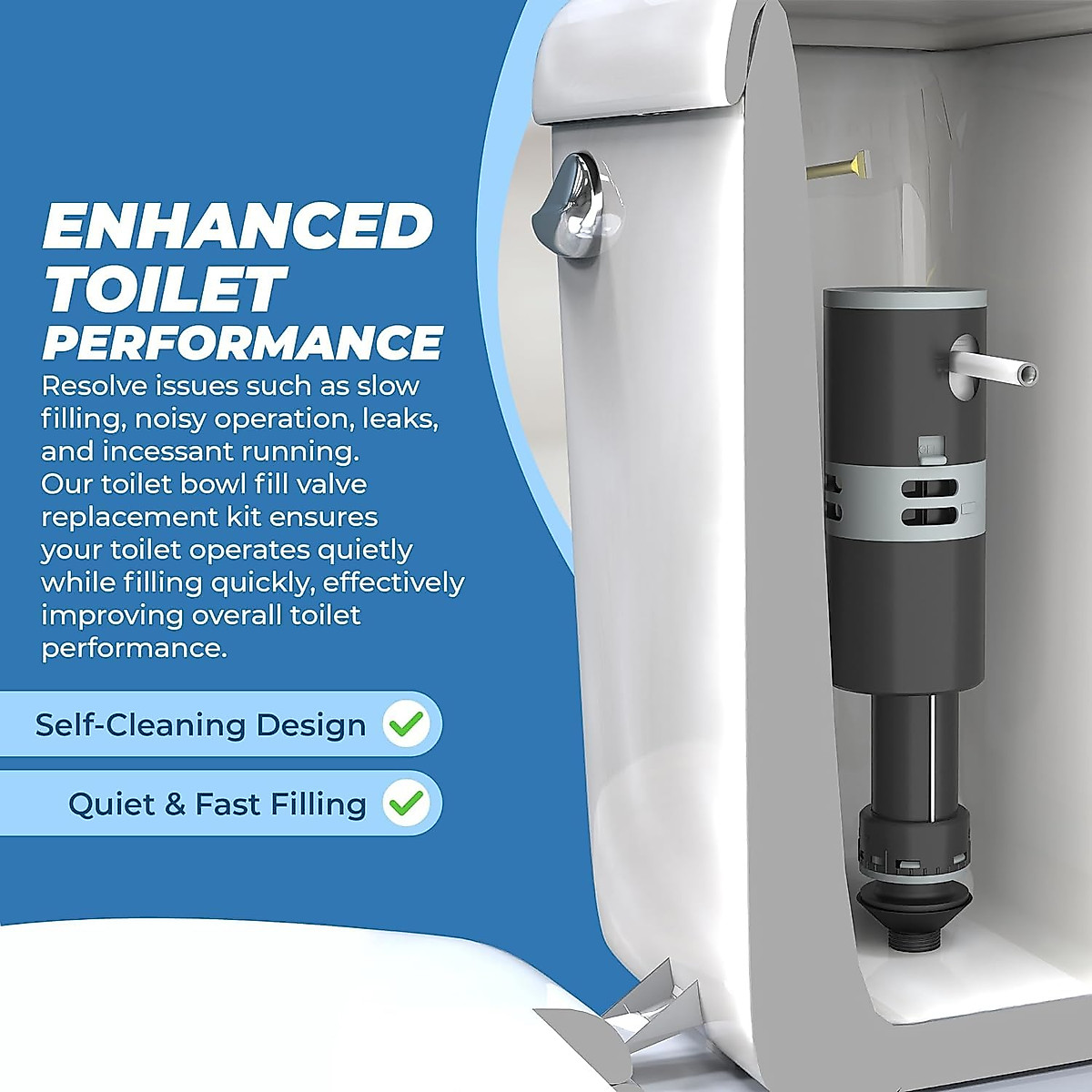 High Performance Universal Toilet Fill Valve Replacement Kit - Quiet and Fast Fill, Super Easy to Install (1-Pack)