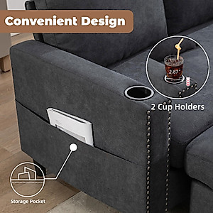 Siiejia Convertible Sectional Couches for Living Room, L-Shaped Couch 3 Seats Sofas with Storage Chaise & 2 Cup Holders, Small Sofa for Apartment, Compact Spaces, Dark Grey