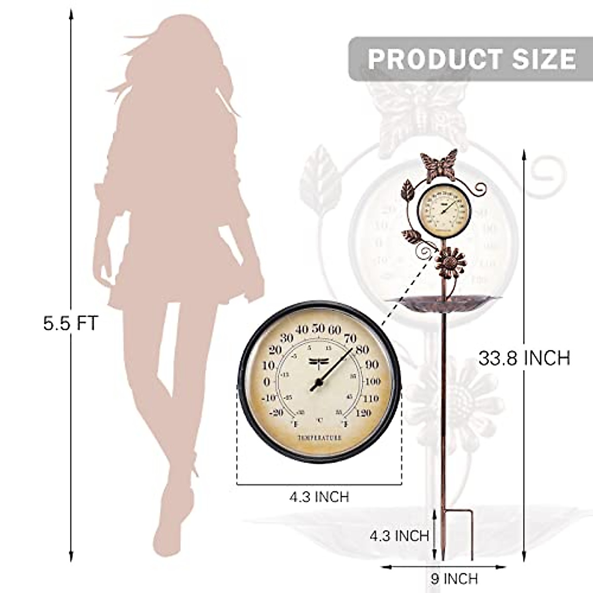 Outdoor Thermometer Decorative Butterfly Garden Stakes with Metal Bird Feeder for Lawn Yard Patio Decorations