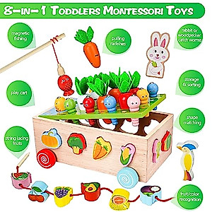 8-in-1 Toddlers Montessori Wooden Educational Toys for Baby Boy Girl 1 2 3 Year Old, Shape Sorting Toys Gifts for Kids 2-4, Preschool Learning Fine Motor Skills Game Carrot Harvest Game Toys for 1-3