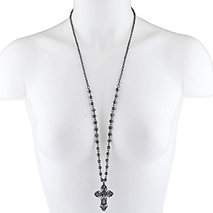 LUX ACCESSORIES Classic 80s Gothic Rosary Cross Beaded Pendant Necklace (HEM)