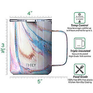 THILY Stainless Steel Insulated Coffee Mug 12 oz Vacuum Insulated Coffee Cup with Handle, Spill-Proof Lid, Keep Coffee Cold, Pink Ripple