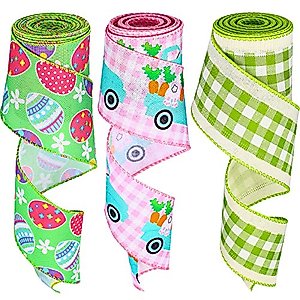 3 Rolls 2.5 Inch Easter Wired Edge Ribbon Easter Eggs Printed Ribbon Bunny Carrots Truck Ribbon Easter Plaid Burlap Ribbon for Easter Wreath Decoration Wrapping Floral Bows, Totally 19.5 Yards