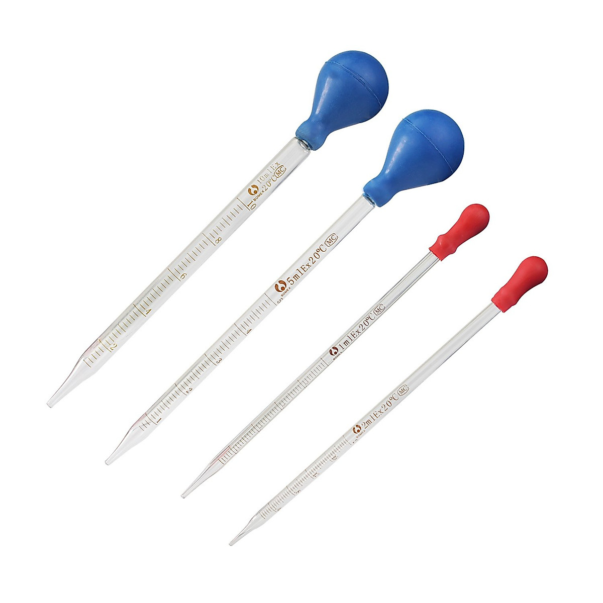 Luckkyme 4pcs Thick Glass Graduated Dropper Pipettes and Liquid Pipettors with Scale Line Silicone Rubber Caps 1ml 2ml 5ml 10ml