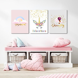 Unicorn Wall Art Girls Bedroom Decor Rainbow Pink Kids Canvas Prints Motivational Colorful Hot Air Balloon Cartoon Unicorns Framed Pictures for Teen Girl Women Nursery Bathroom Decor 12"x16"x3 pcs