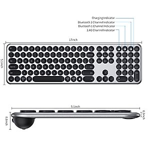 ZYTUA Multi-Device Bluetooth Keyboard, Dual Mode (Bluetooth & 2.4GHz) Full Size Rechargeable Wireless Keyboard with Round Keys, Support 3 Devices for Windows/iOS/Mac OS/Android