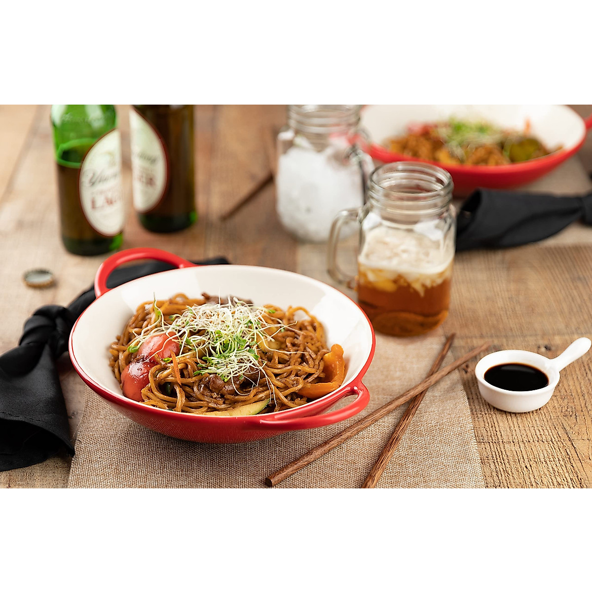 KooK Stir Fry Bowl, Wok Dish, Classic Thai, Ceramic Mini Wok, Stoneware Serving Bowls, For Soups and Pastas, Oven, Dishwasher and Microwave Safe, Cherry Red, 40 oz, Set of 2